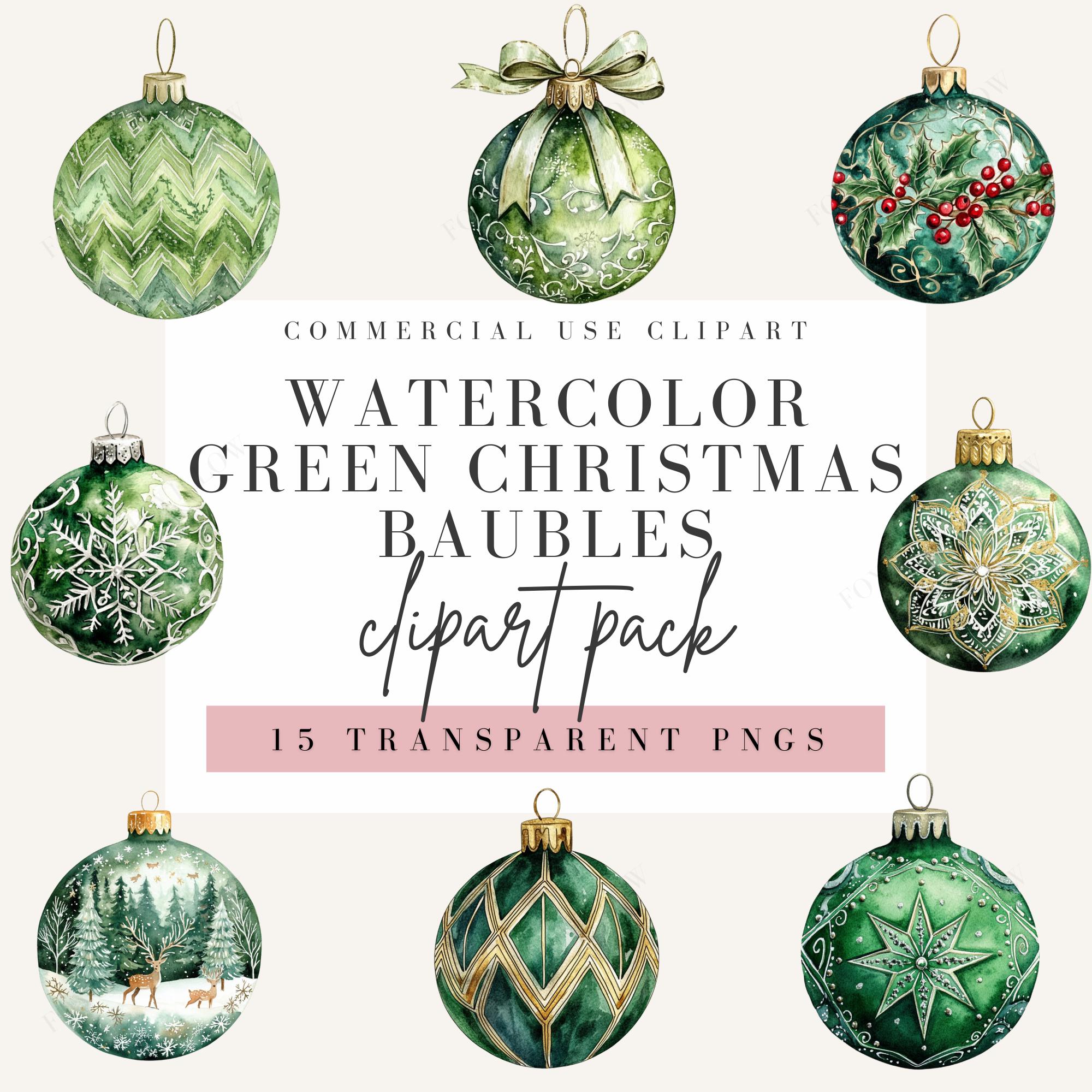 Green Christmas Baubles Clipart, Watercolor Style, Festive Clip Art ...