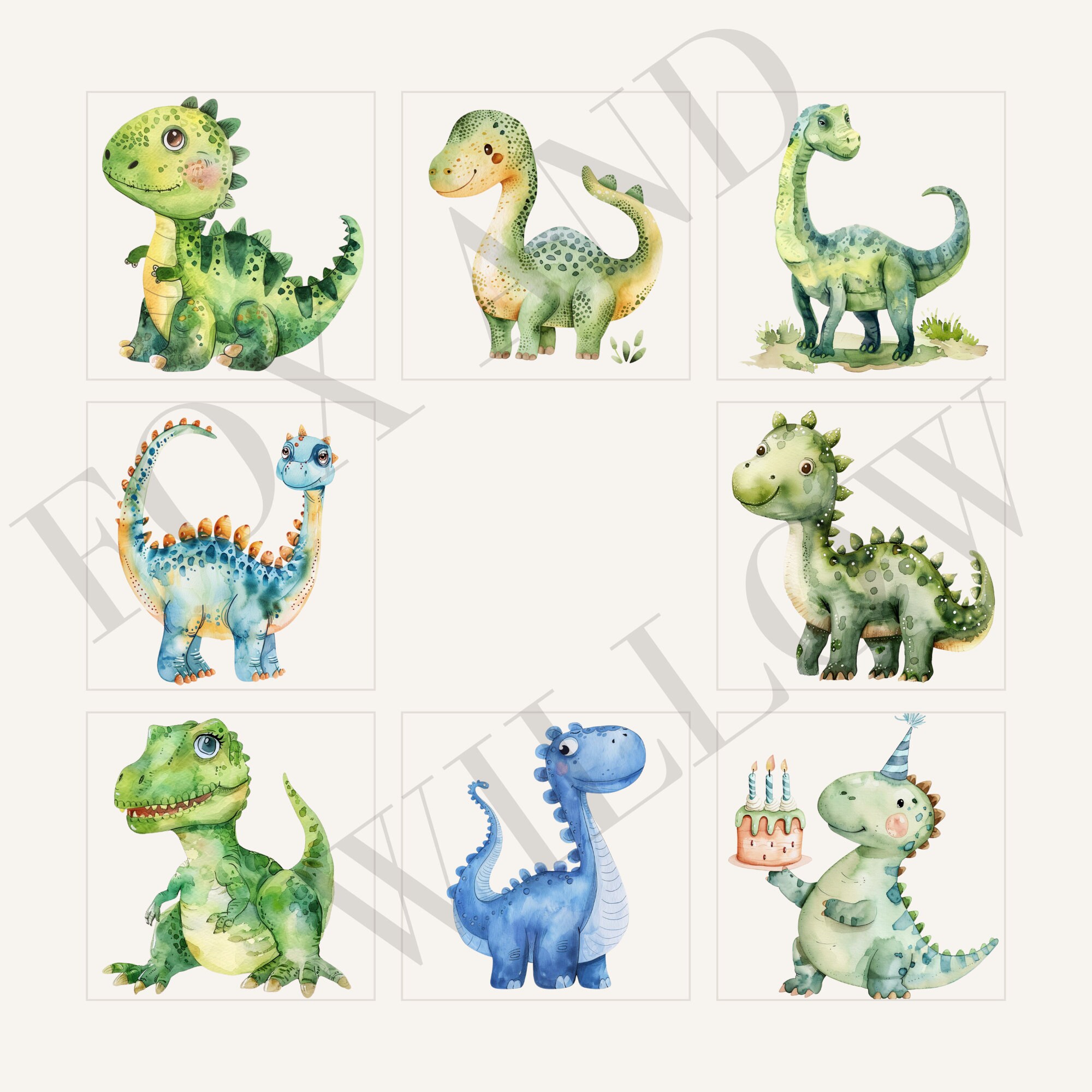 Cute Dinosaur Themed Watercolor Clipart, Transparent Commercial Use PNG ...