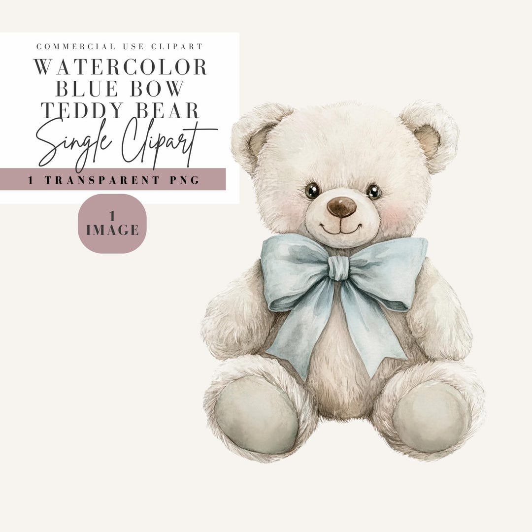 Blue Bow Teddy Bear Clipart, Watercolor Style, Transparent Background ...
