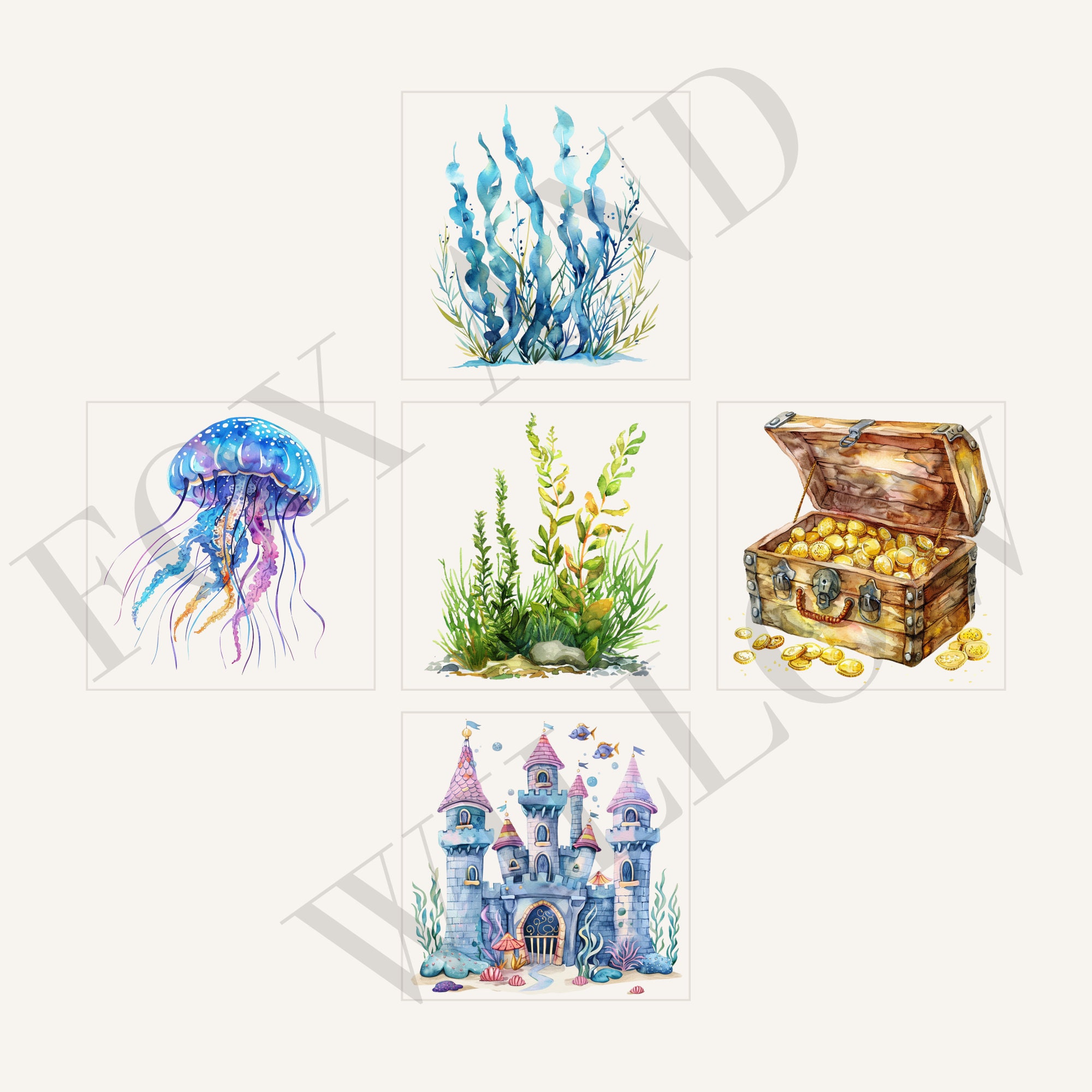 Watercolor Mermaid & Underwater Clipart Pack for Kids, Sea Life ...