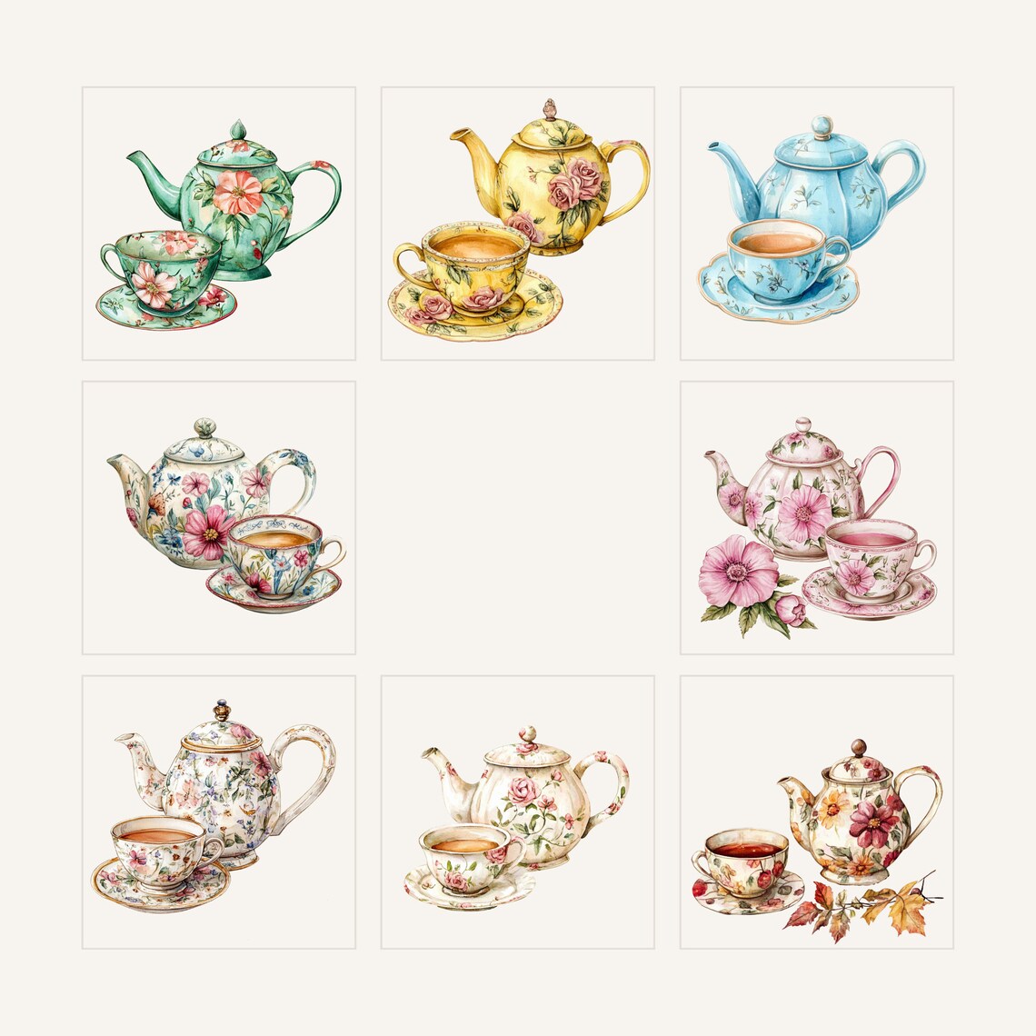 Teapot and Teacup Clipart, Watercolor Style, Transparent Background ...