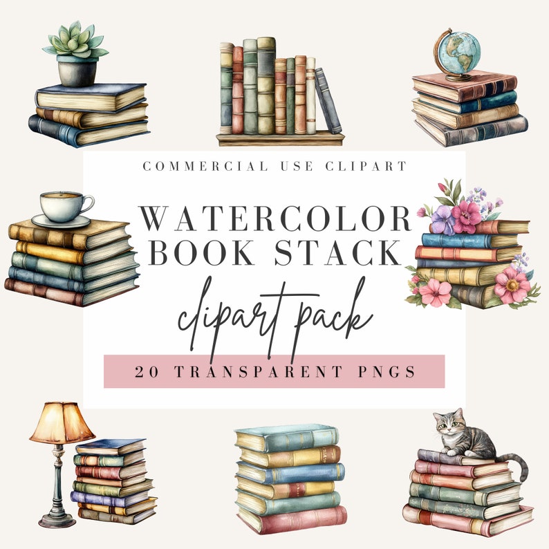 Book Stack Clipart, Watercolor Style, Transparent Background ...