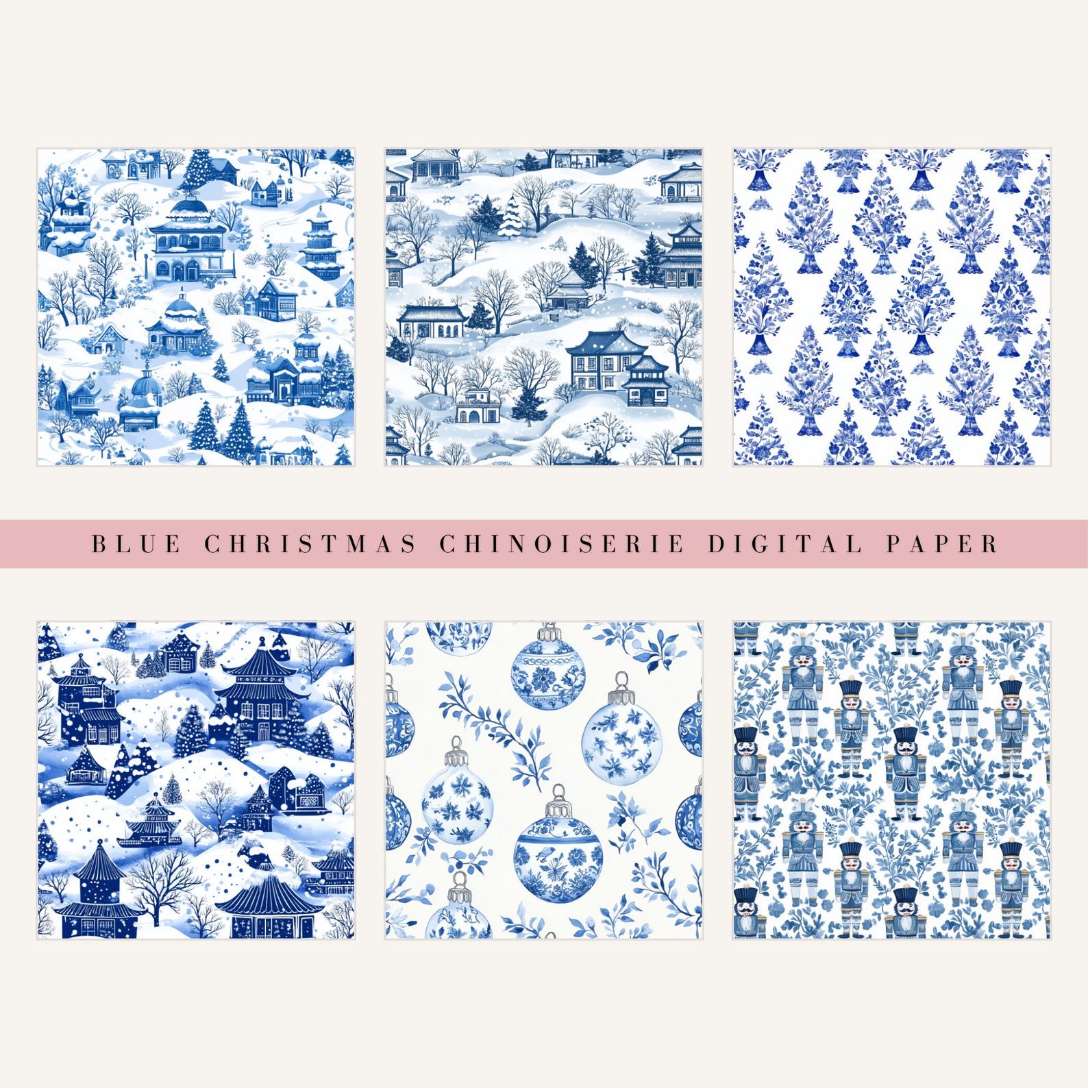 Blue Christmas Chinoiserie Digital Paper, Toile Pattern, Commercial Use ...
