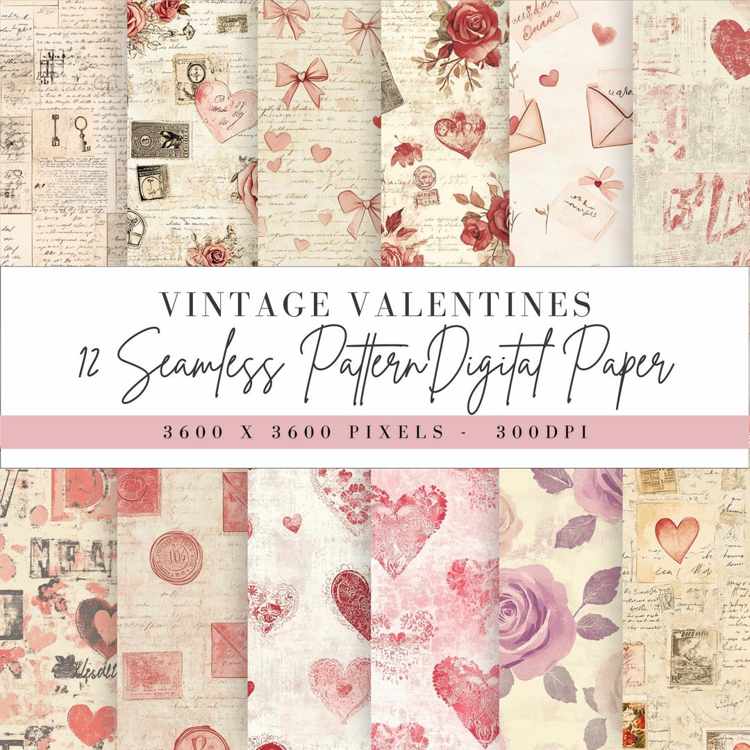 Vintage Valentines Digital Paper, Seamless Pattern Background ...