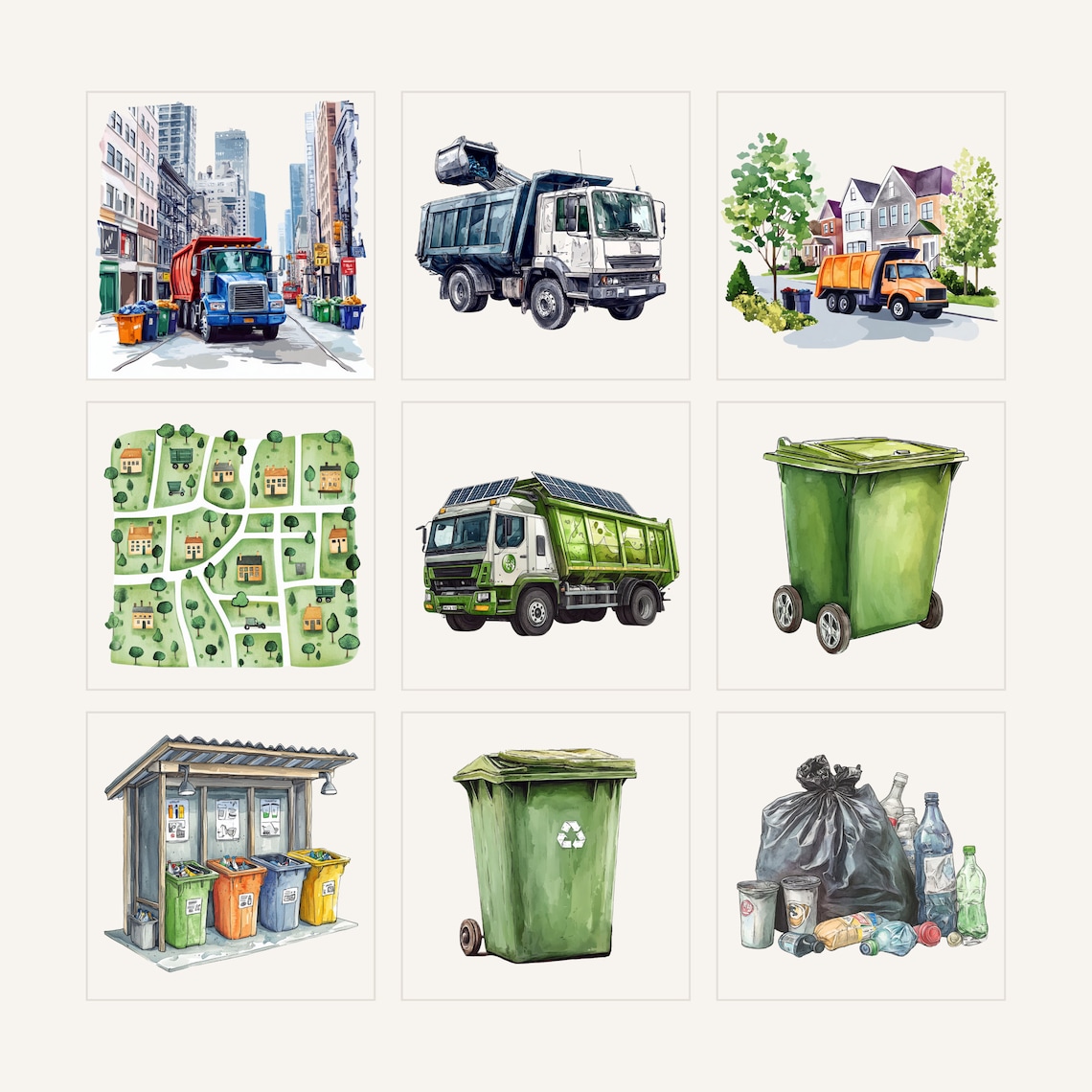 Trash Truck Clipart, Watercolor Style, Transparent Background ...