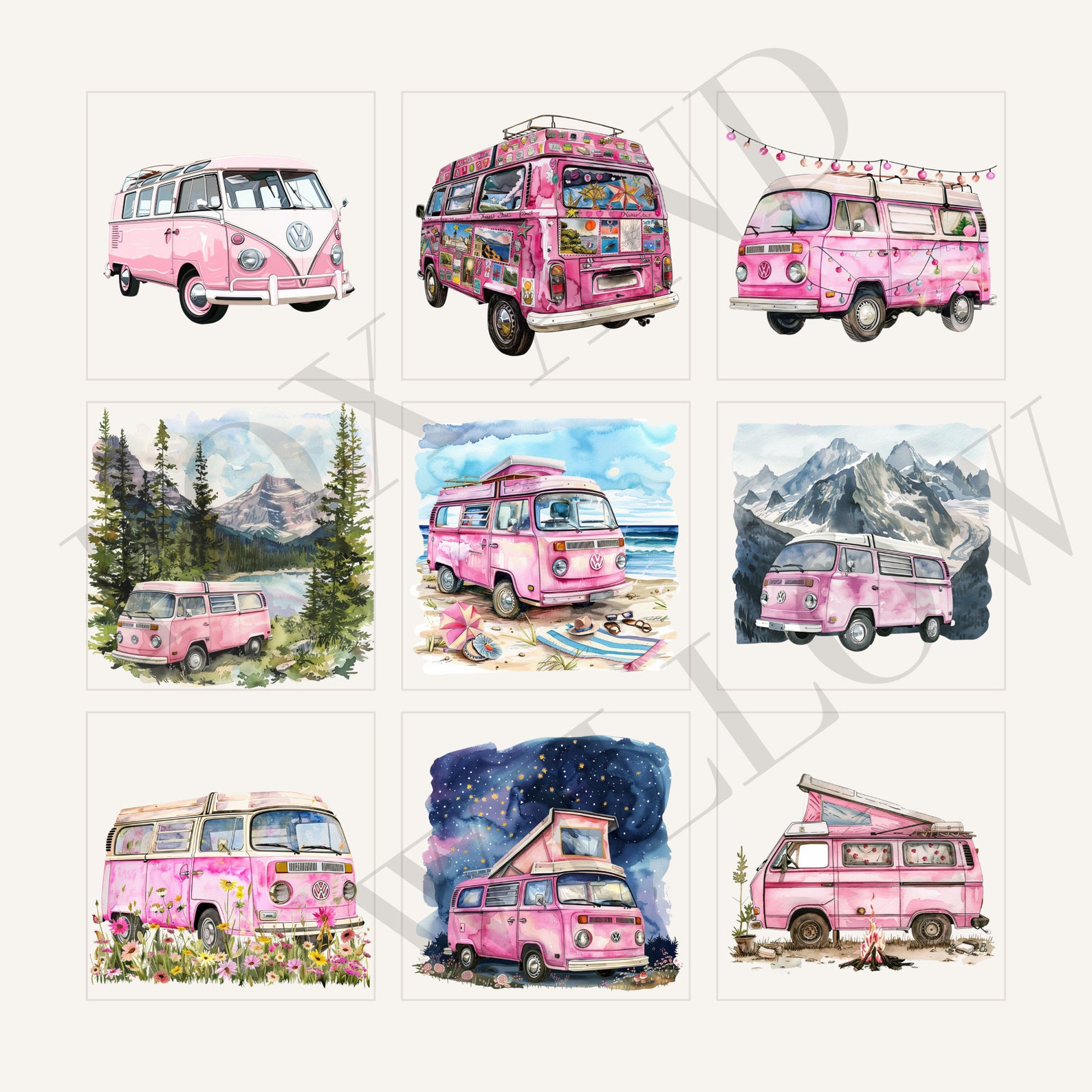 Pink Campervan Watercolor Clipart, Transparent Commercial Use PNG ...
