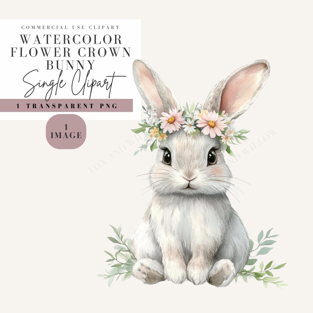 Flower Crown Bunny Clipart, Cute Rabbit Clip Art, Whimsical Floral ...
