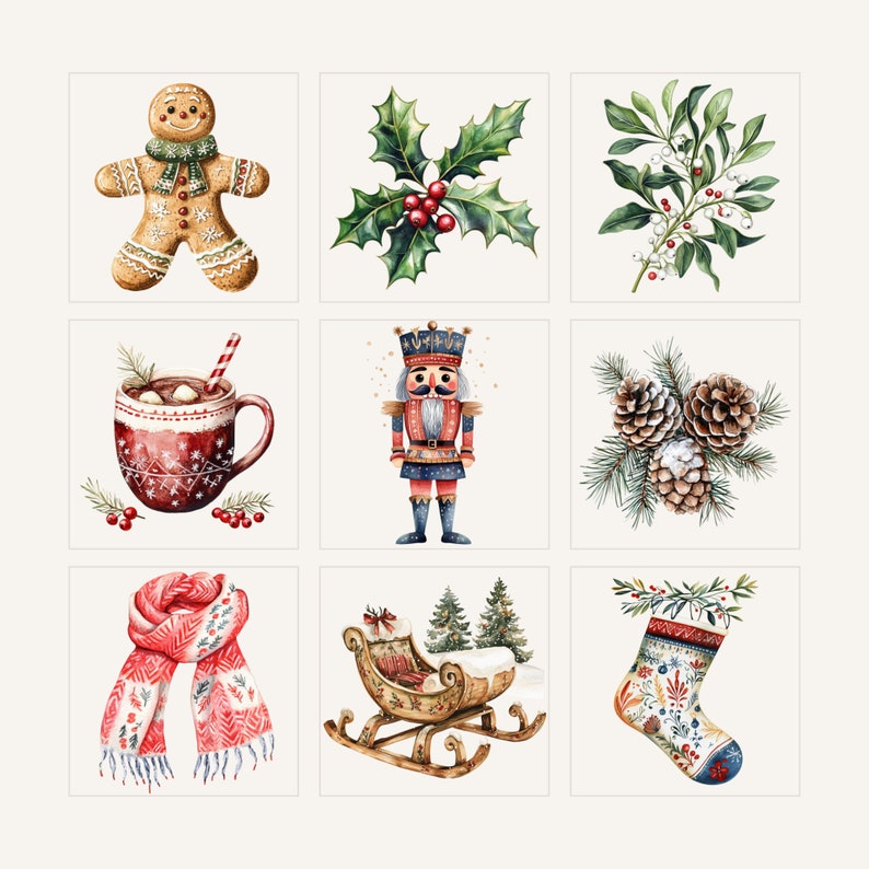 Scandi Christmas Icons Clipart, Watercolor Style, Transparent ...