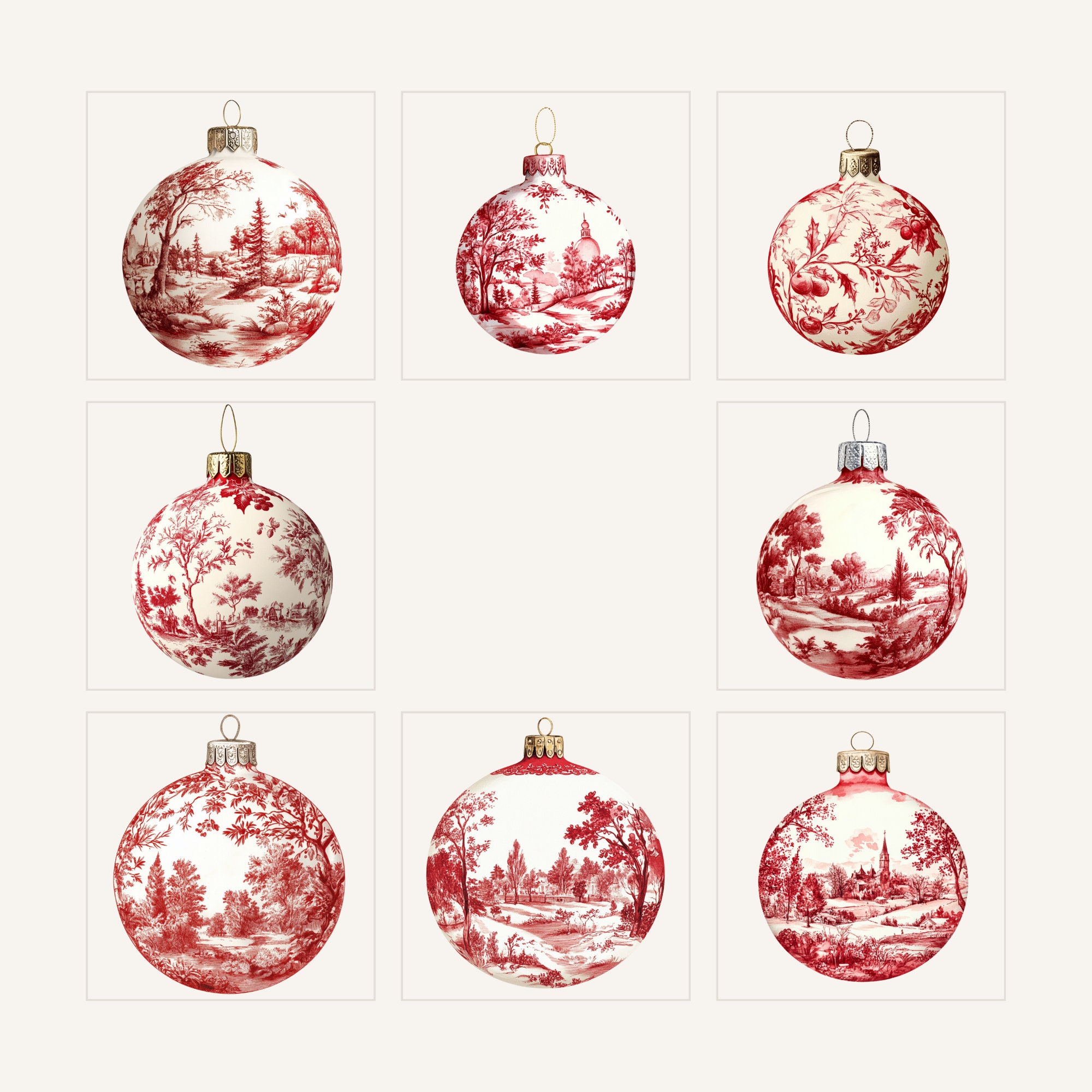 Red Toile Christmas Ornaments Clipart, Watercolor Style, Transparent ...