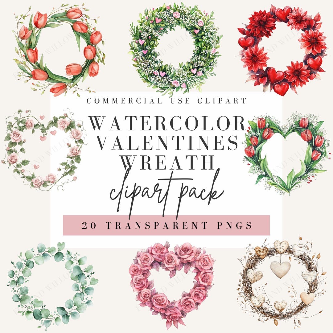 Valentines Wreaths Clipart, Watercolor Style, Valentine Day Flowers ...