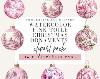 Pink Toile Christmas Ornaments Clipart, Watercolor Style, Transparent ...