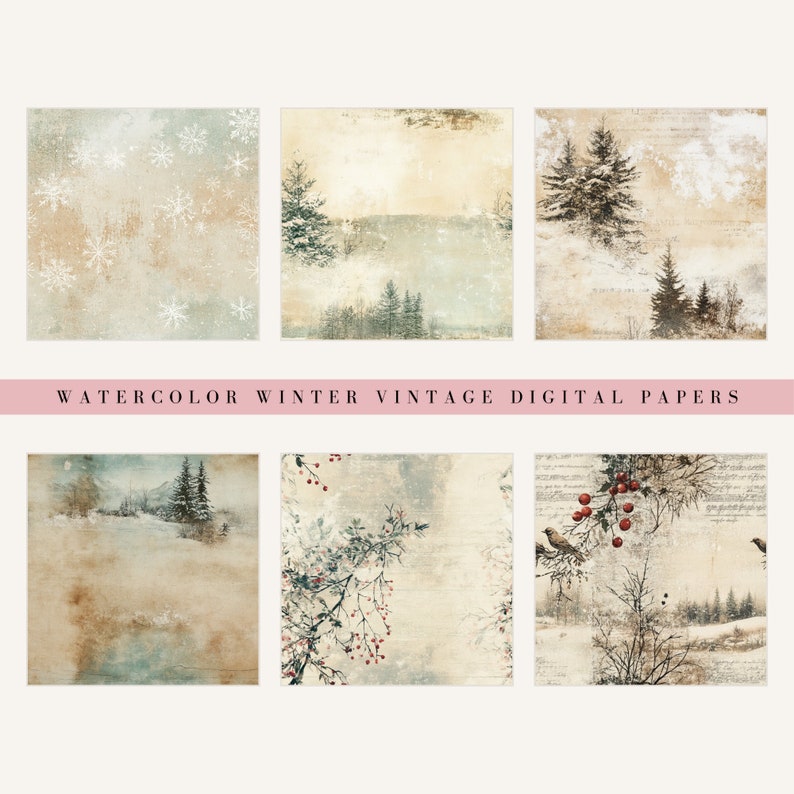 Winter Vintage Digital Paper, Watercolor Style, Commercial Use PNG ...