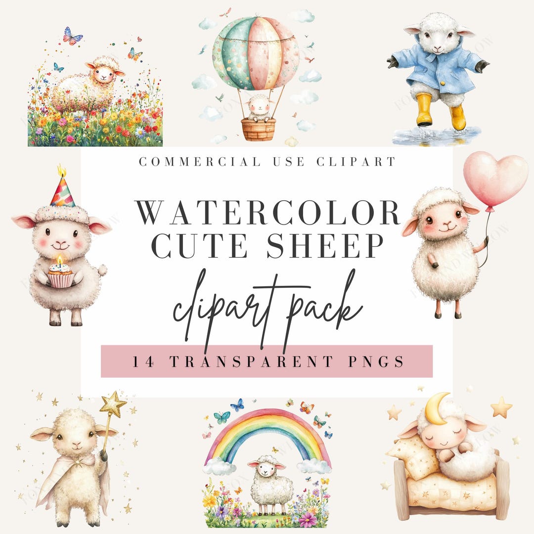 Cute Sheep Clipart, Watercolor Style, Adorable Lamb Clip Art, Quirky ...