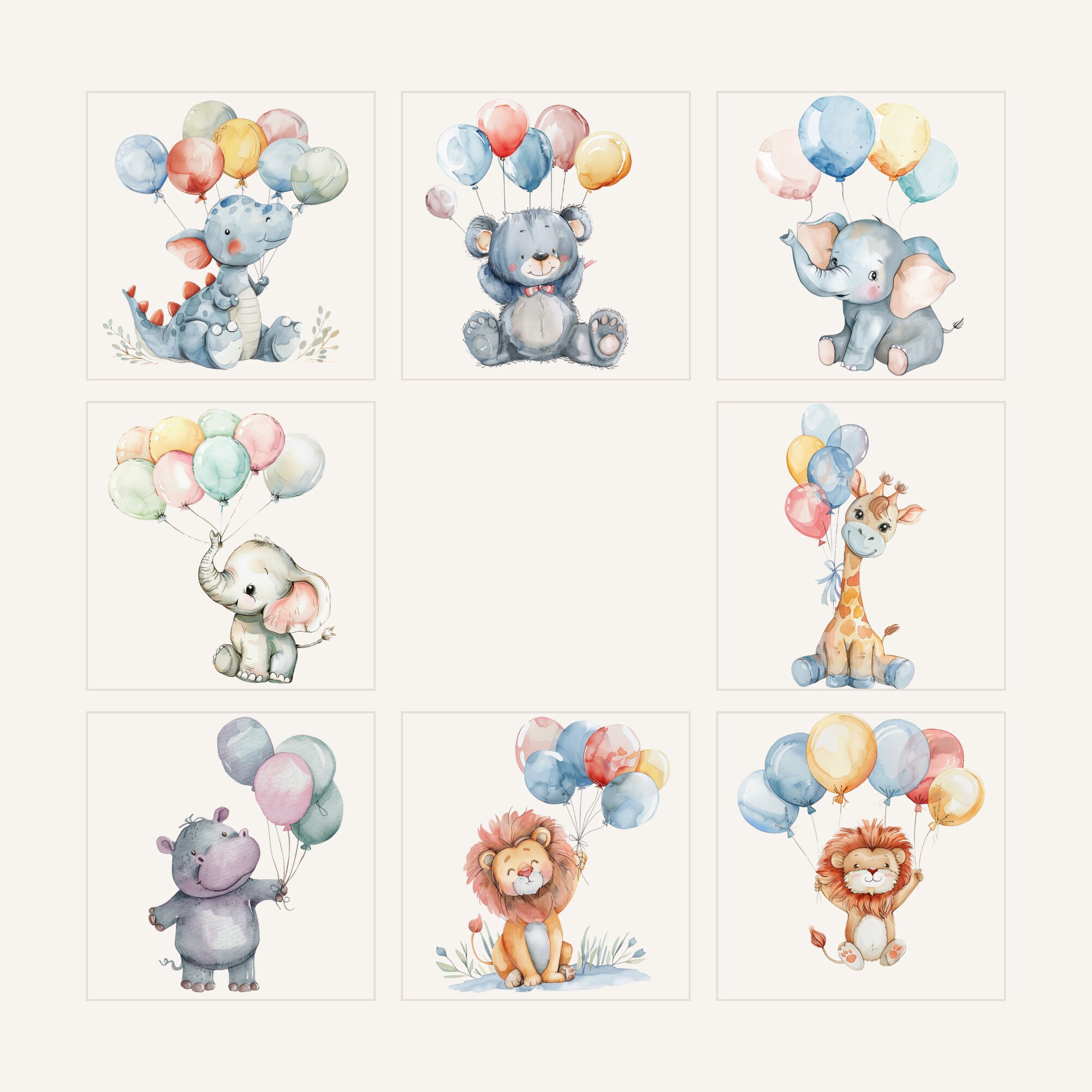 Animals With Balloons Watercolor Clipart, Transparent Background ...