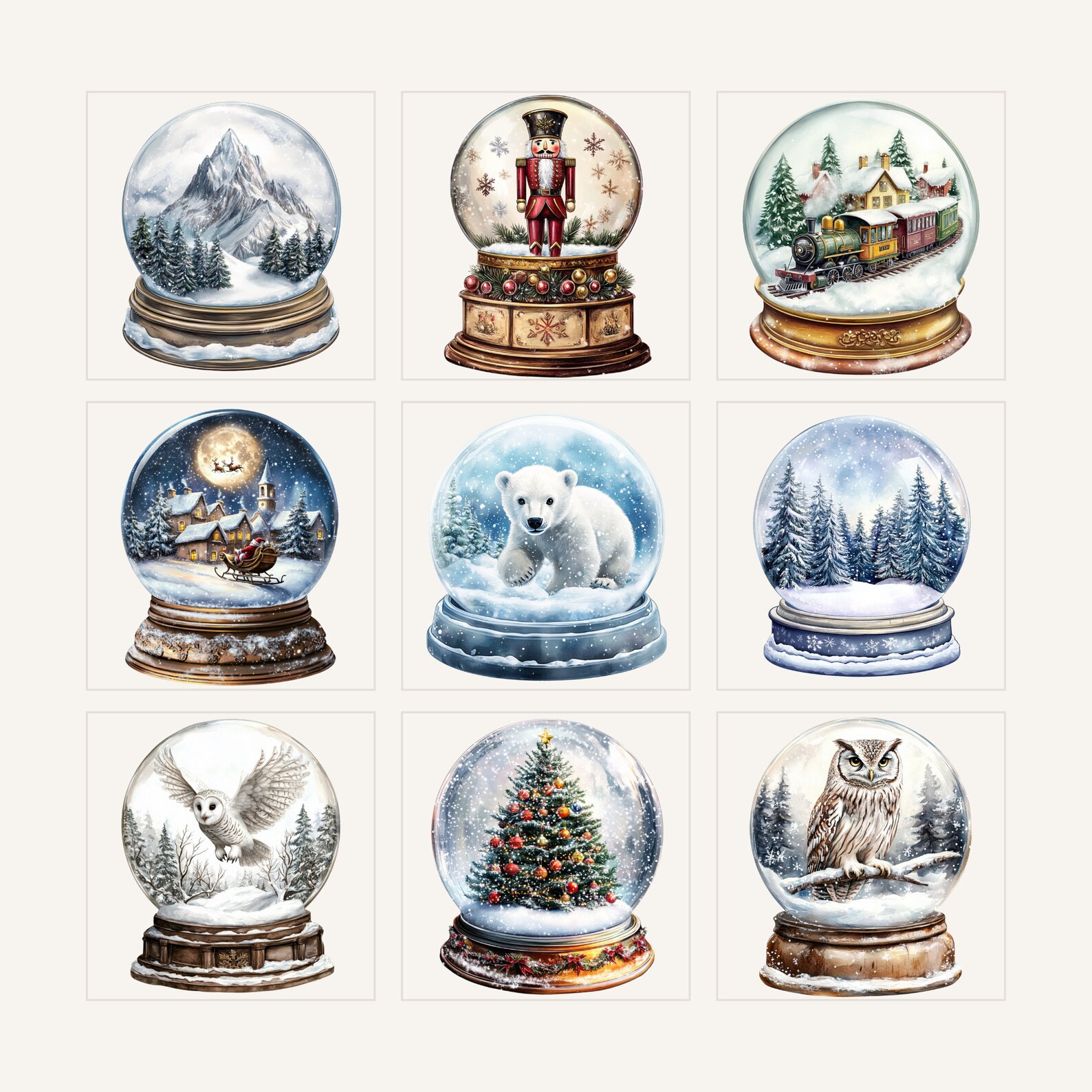 Winter Snow Globes Clipart, Watercolor Style, Transparent Background ...