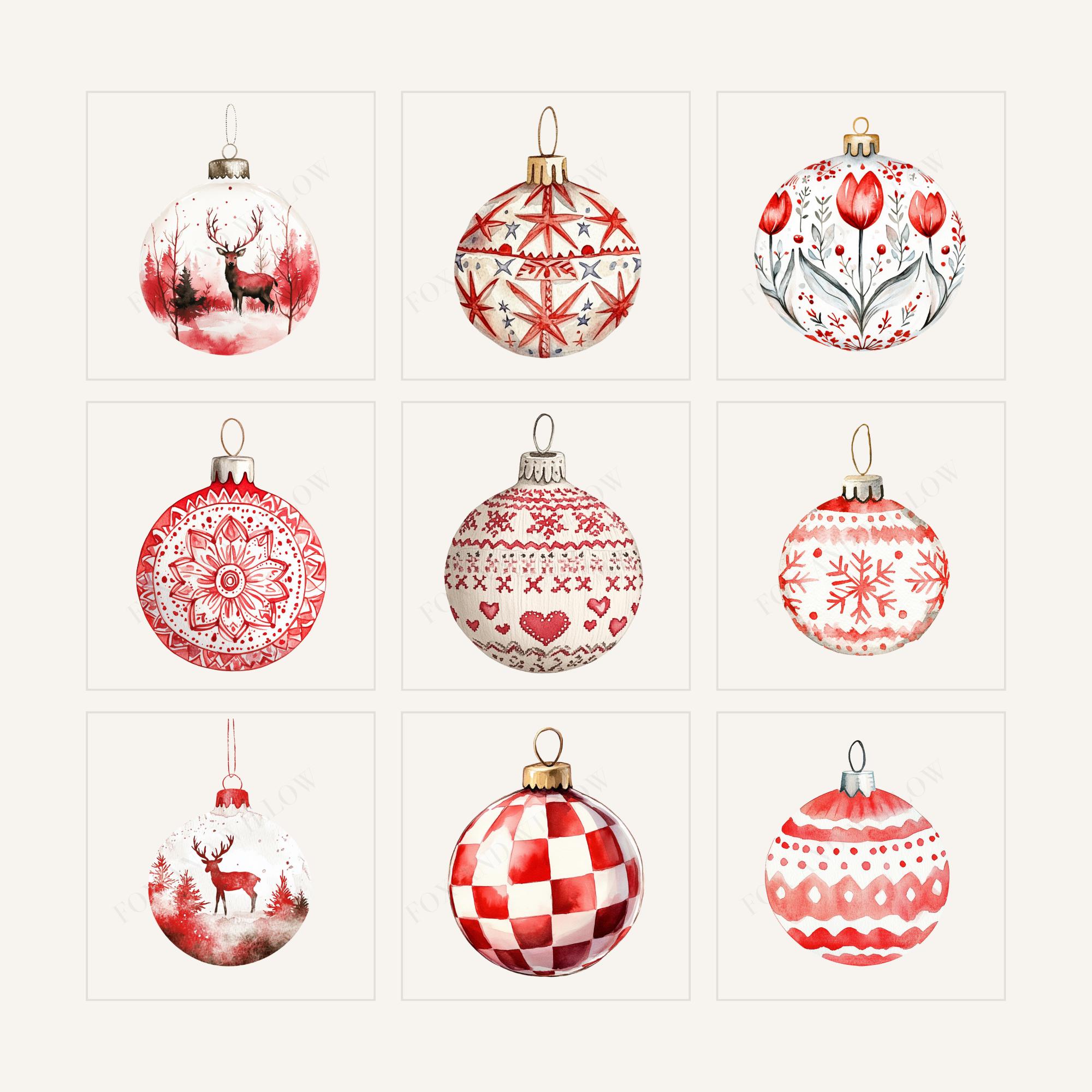 Red Christmas Baubles Clipart, Watercolor Style, Festive Clip Art, Xmas ...