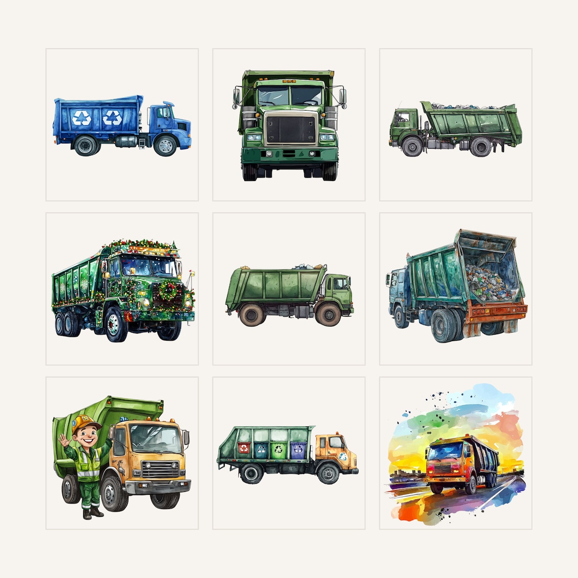 Trash Truck Clipart, Watercolor Style, Transparent Background ...