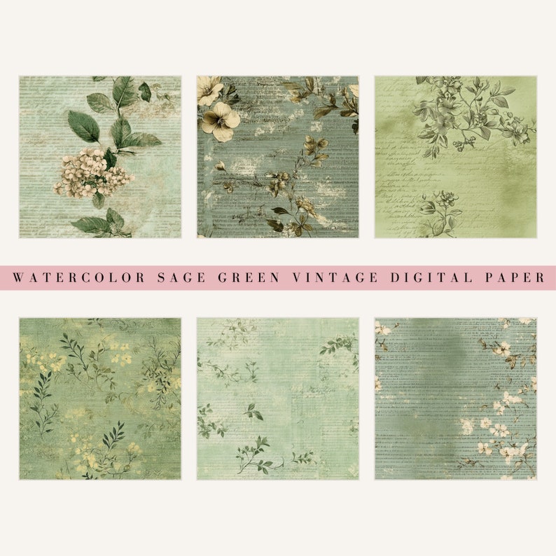 Sage Green Vintage Digital Paper, Watercolor Style, Commercial Use PNG ...
