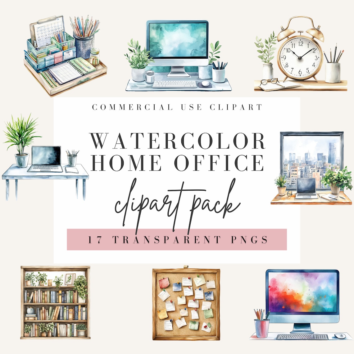 Home Office Clipart, Watercolor Style, Transparent Background ...