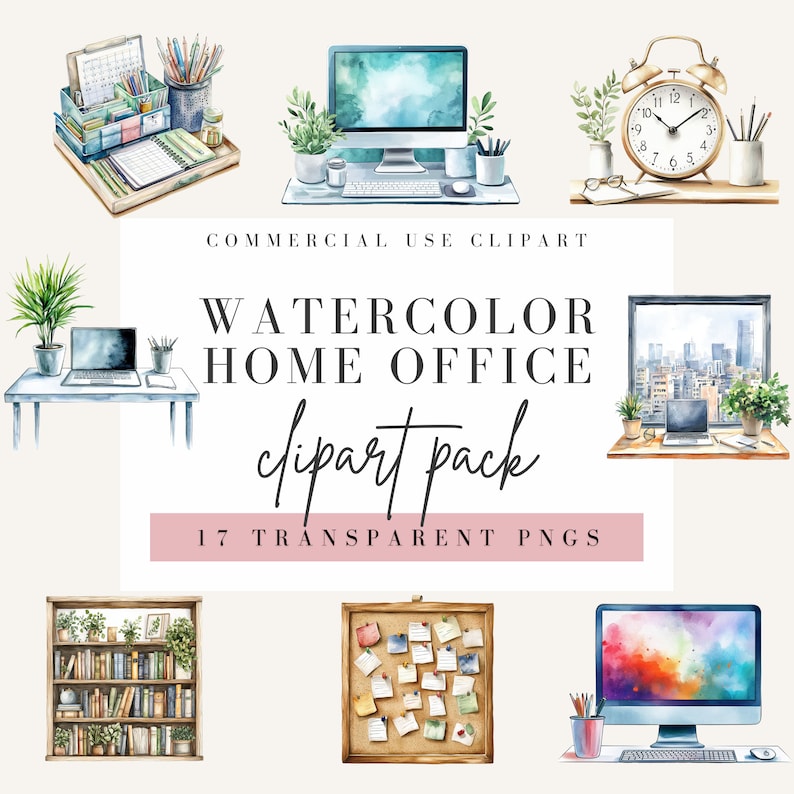 Home Office Clipart, Watercolor Style, Transparent Background ...