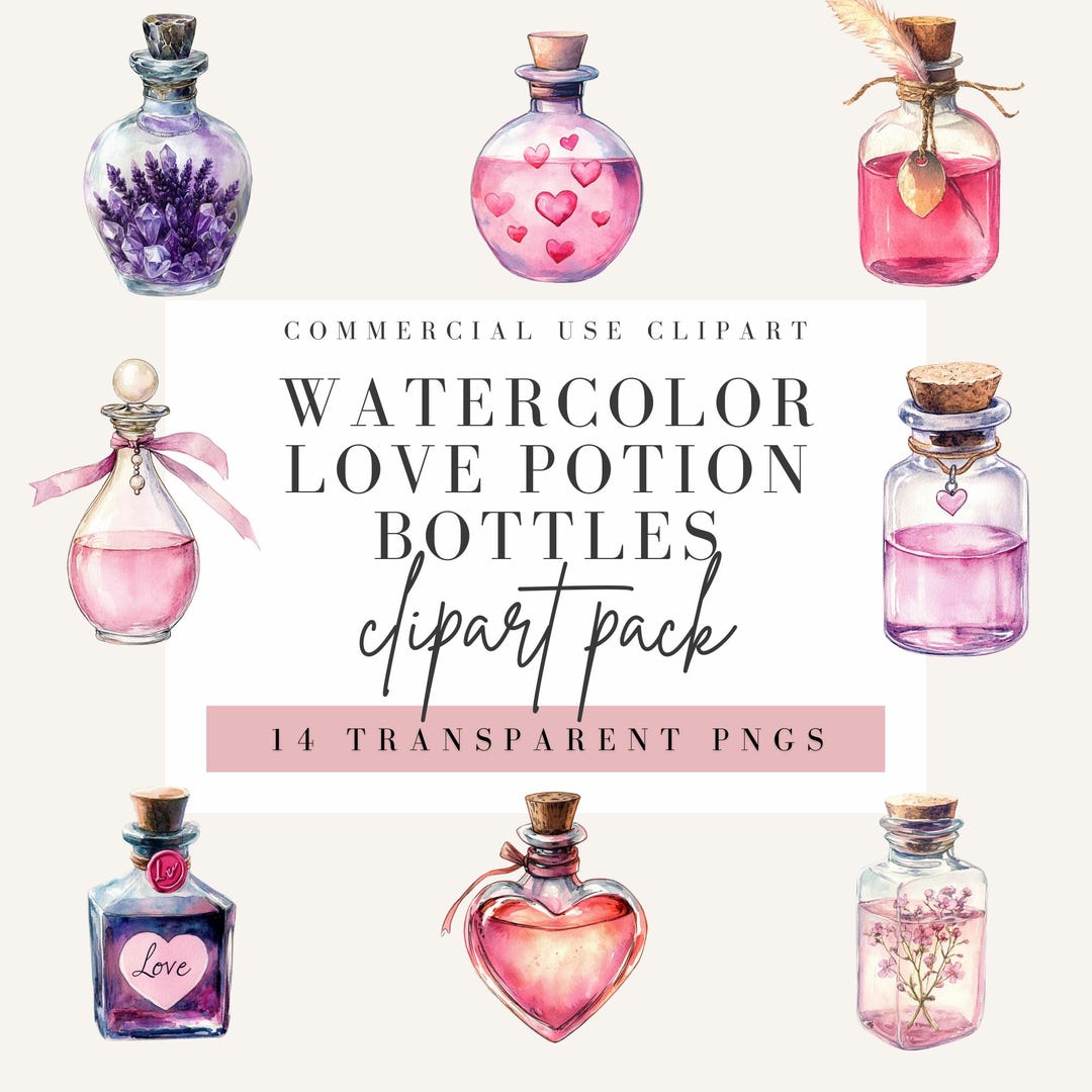 Love Potion Bottles Clipart, Watercolor Style, Transparent Background ...