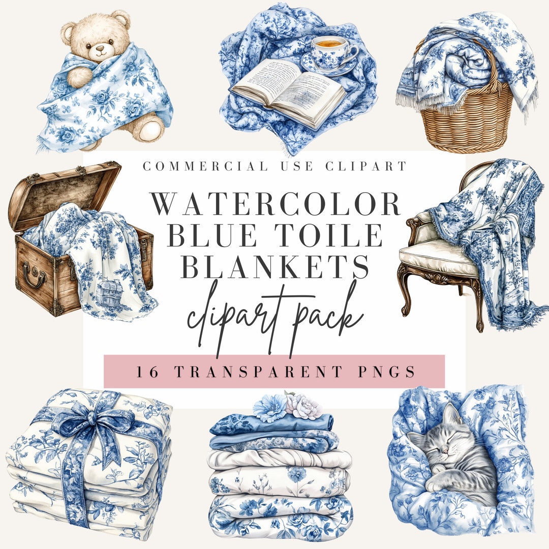 Blue Toile Blankets Clipart, Watercolor Style, Transparent Background ...
