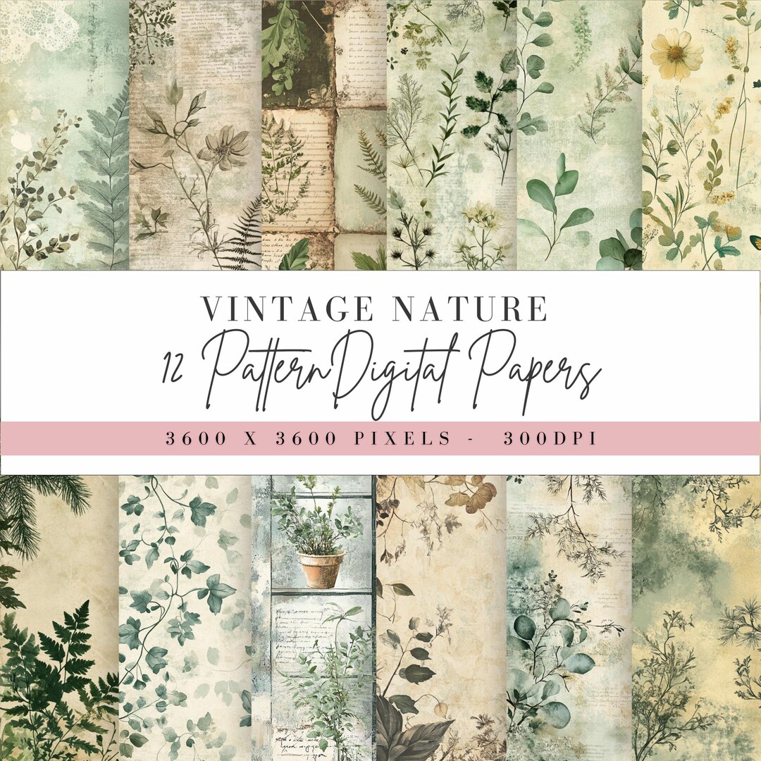Vintage Nature Digital Paper, Rustic Botanical Pattern Background ...