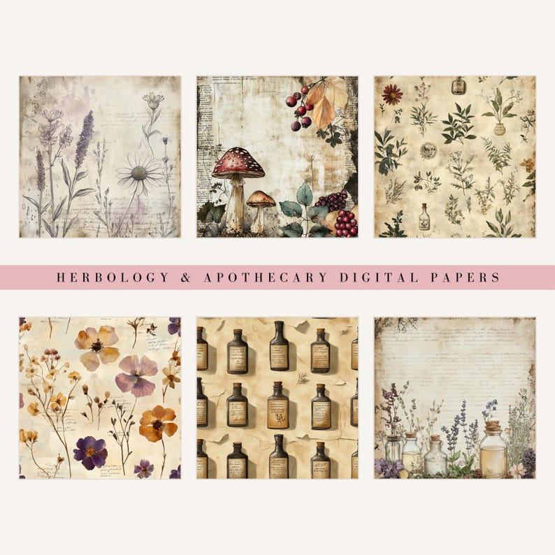 Herbology & Apothecary Digital Paper, Vintage Botanical Pattern Backgrounds, Witchy Herbs ...
