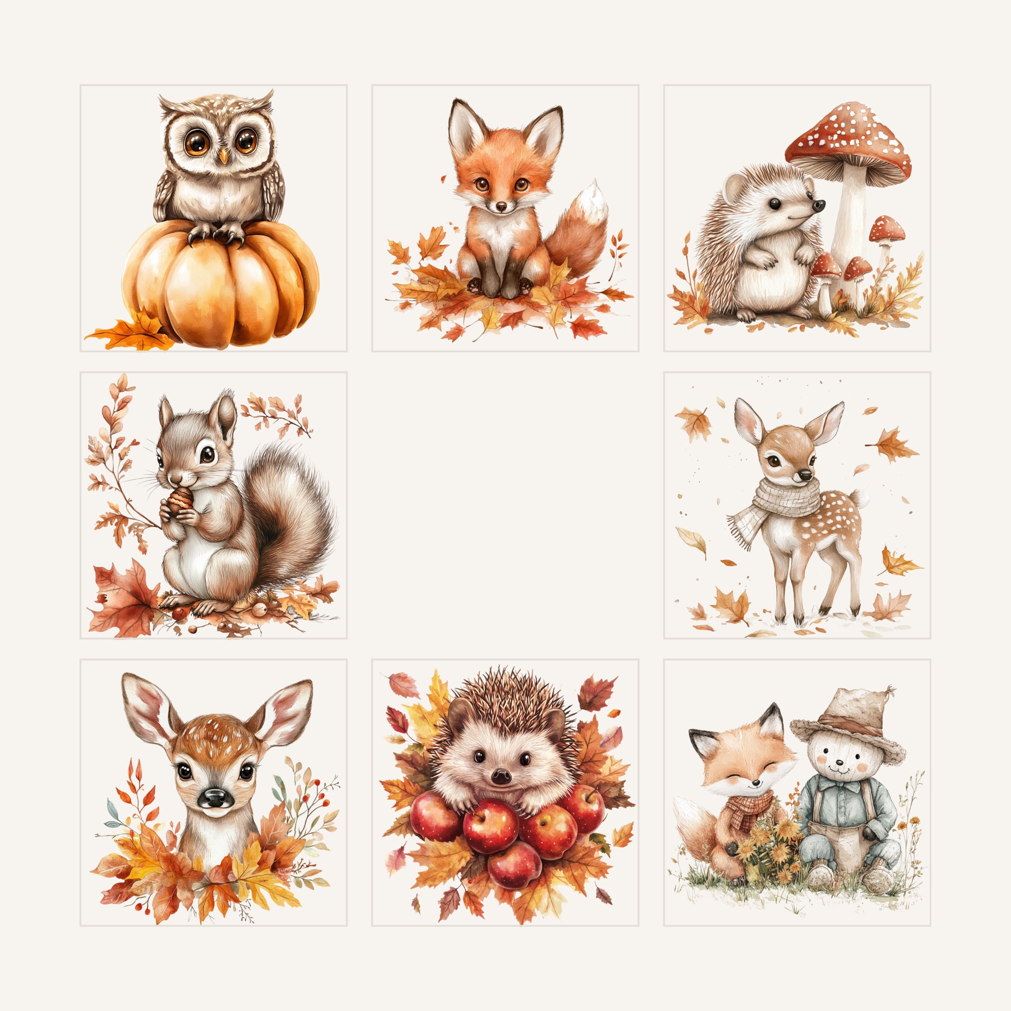 Autumn Woodland Animals Clipart, Watercolor Style, Transparent ...