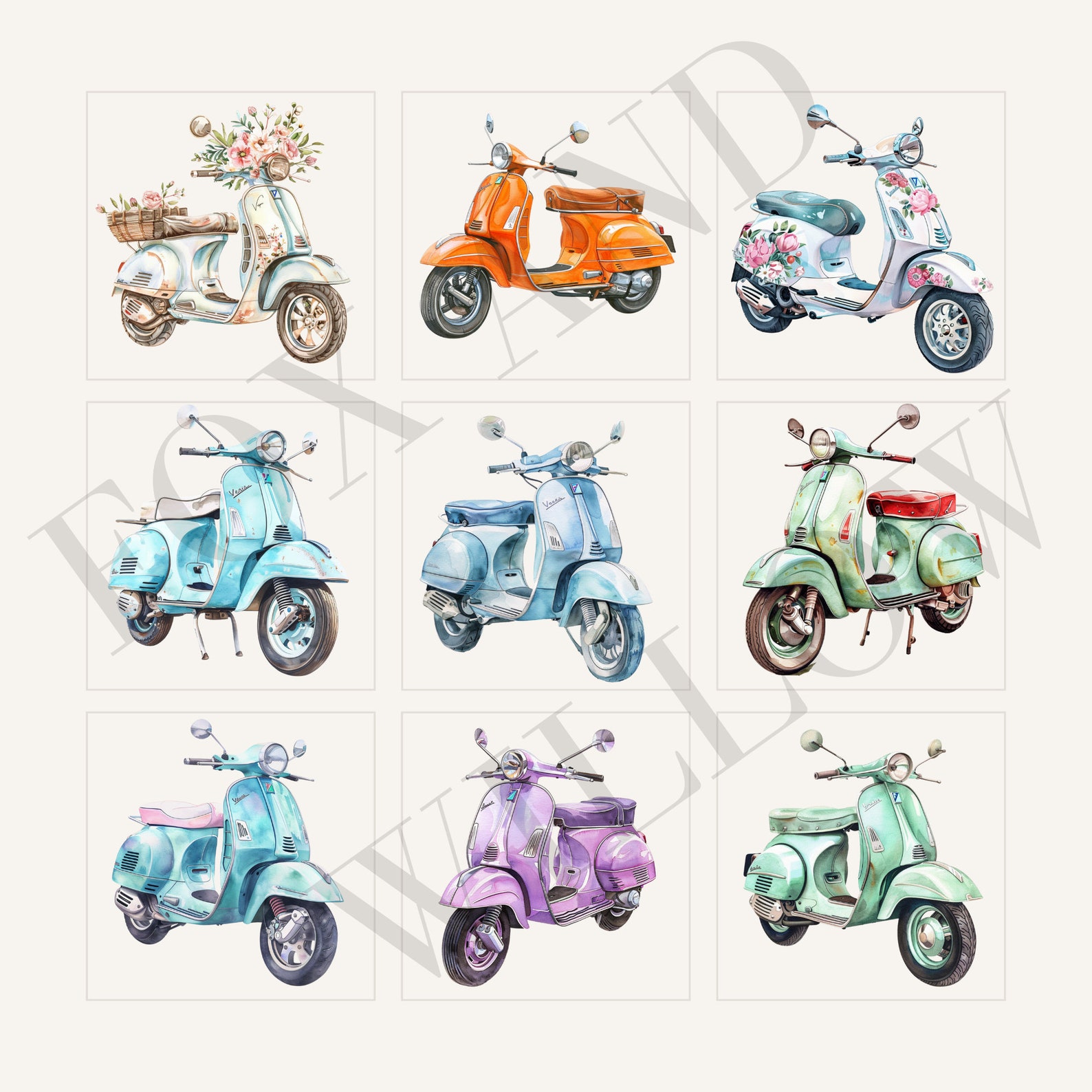 Scooter Watercolor Clipart, Transparent Commercial Use PNG, Retro Moped ...