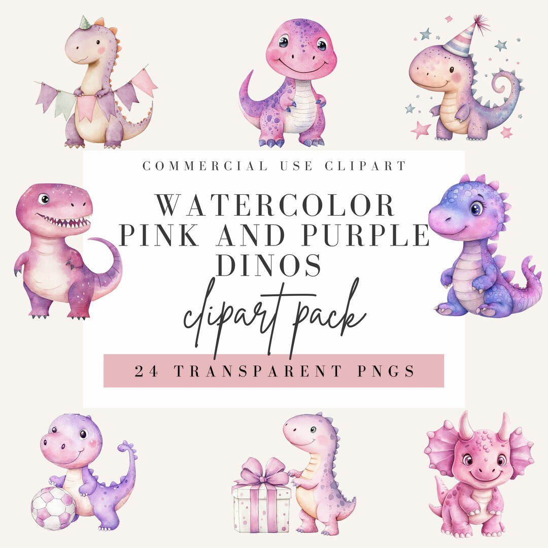 Pink and Purple Dinos Clipart, Watercolor Style, Transparent Background ...