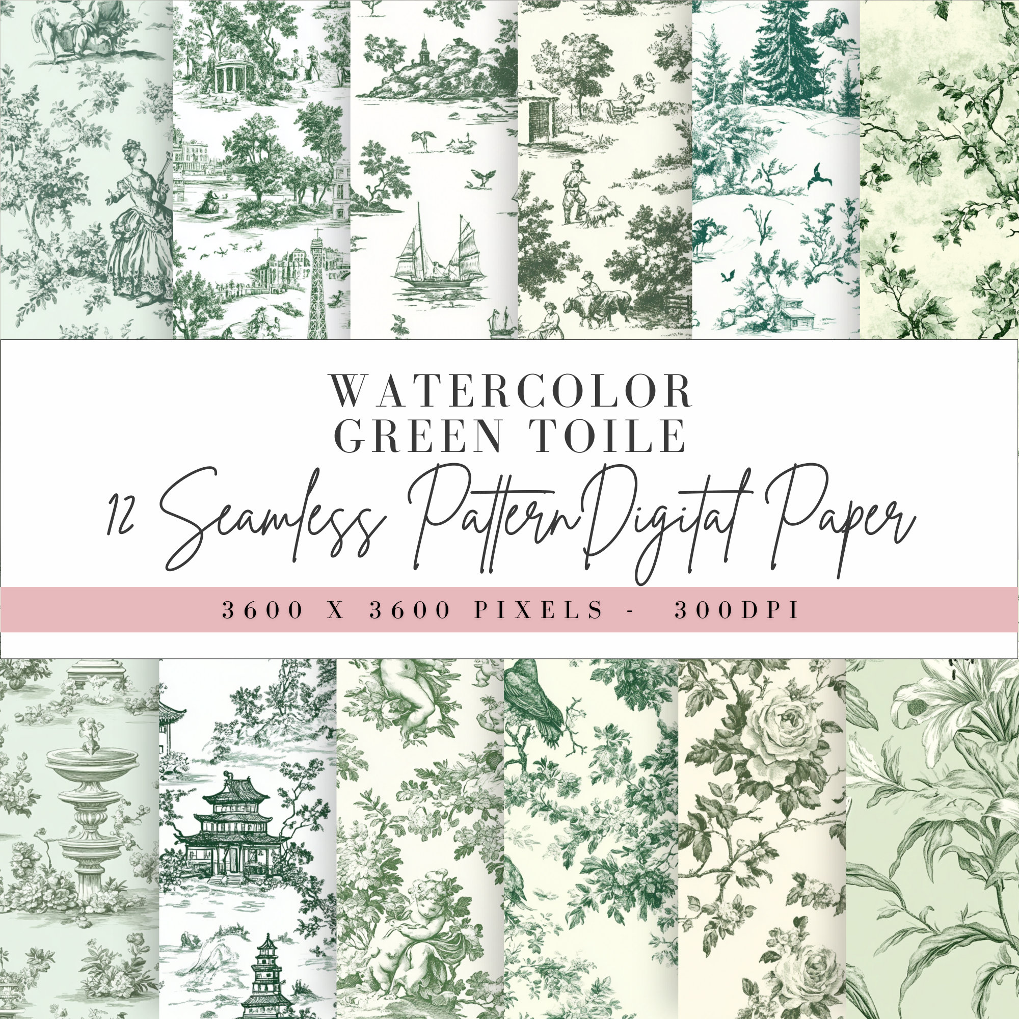 Green Toile Digital Paper, Watercolor Style, Commercial Use PNG ...