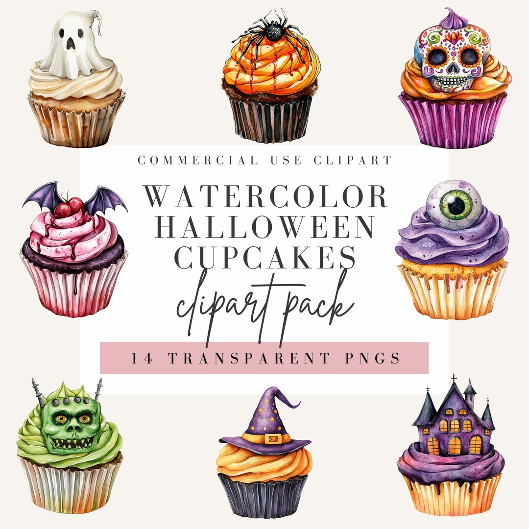 Halloween Cupcakes Clipart, Watercolor Style, Transparent Background ...