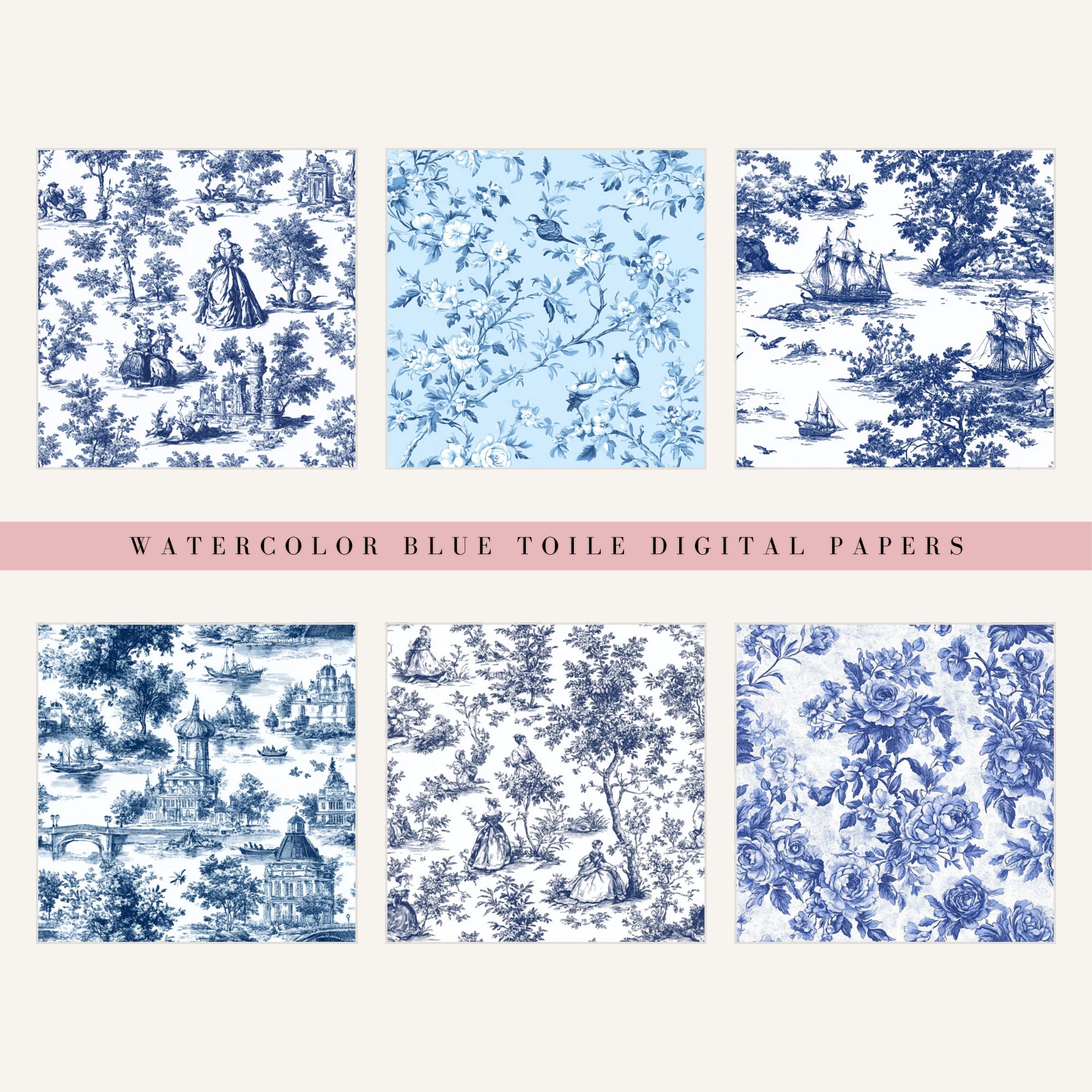 Blue Toile Digital Paper, Watercolor Style, Commercial Use PNG, French ...