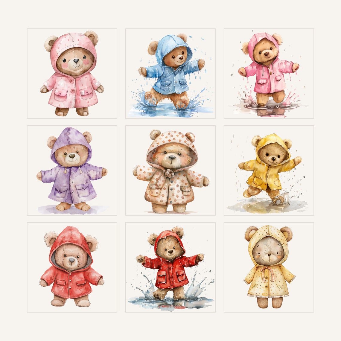 Bears in Raincoats Clipart, Rainy Day Bear, Umbrella Design, Watercolor ...