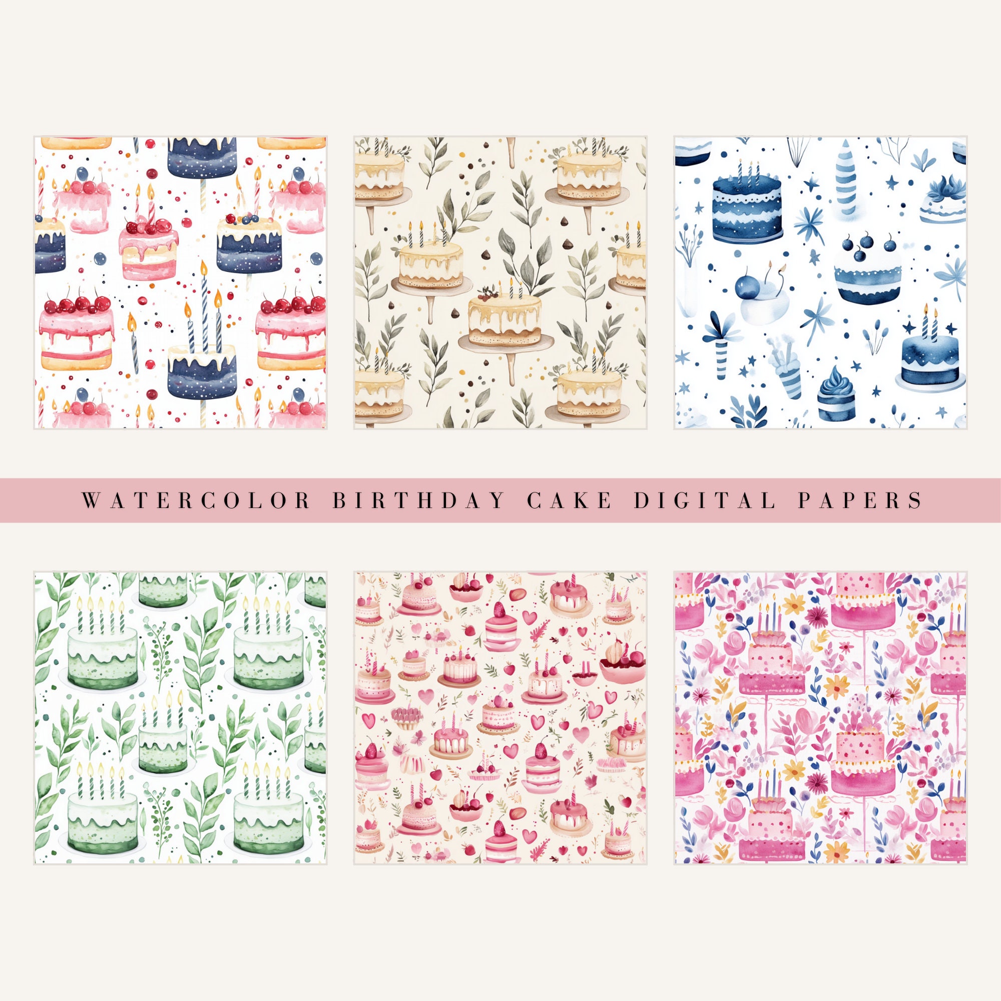 Birthday Cake Digital Paper, Watercolor Style, Commercial Use PNG, Pink ...