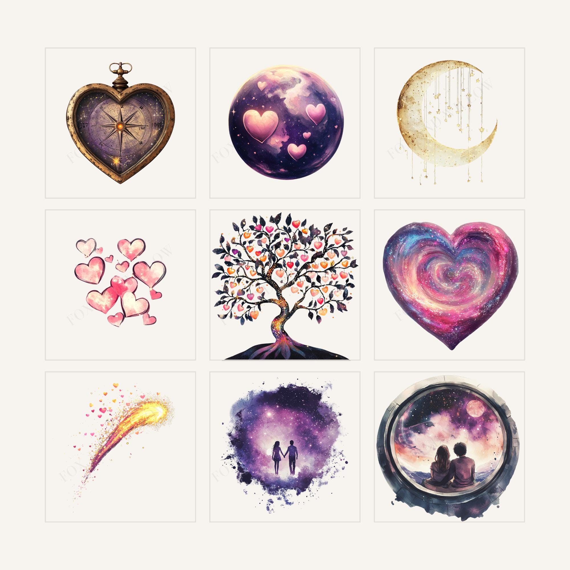 Cosmic Love Clipart, Watercolor Style, Celestial Heart Clip Art ...