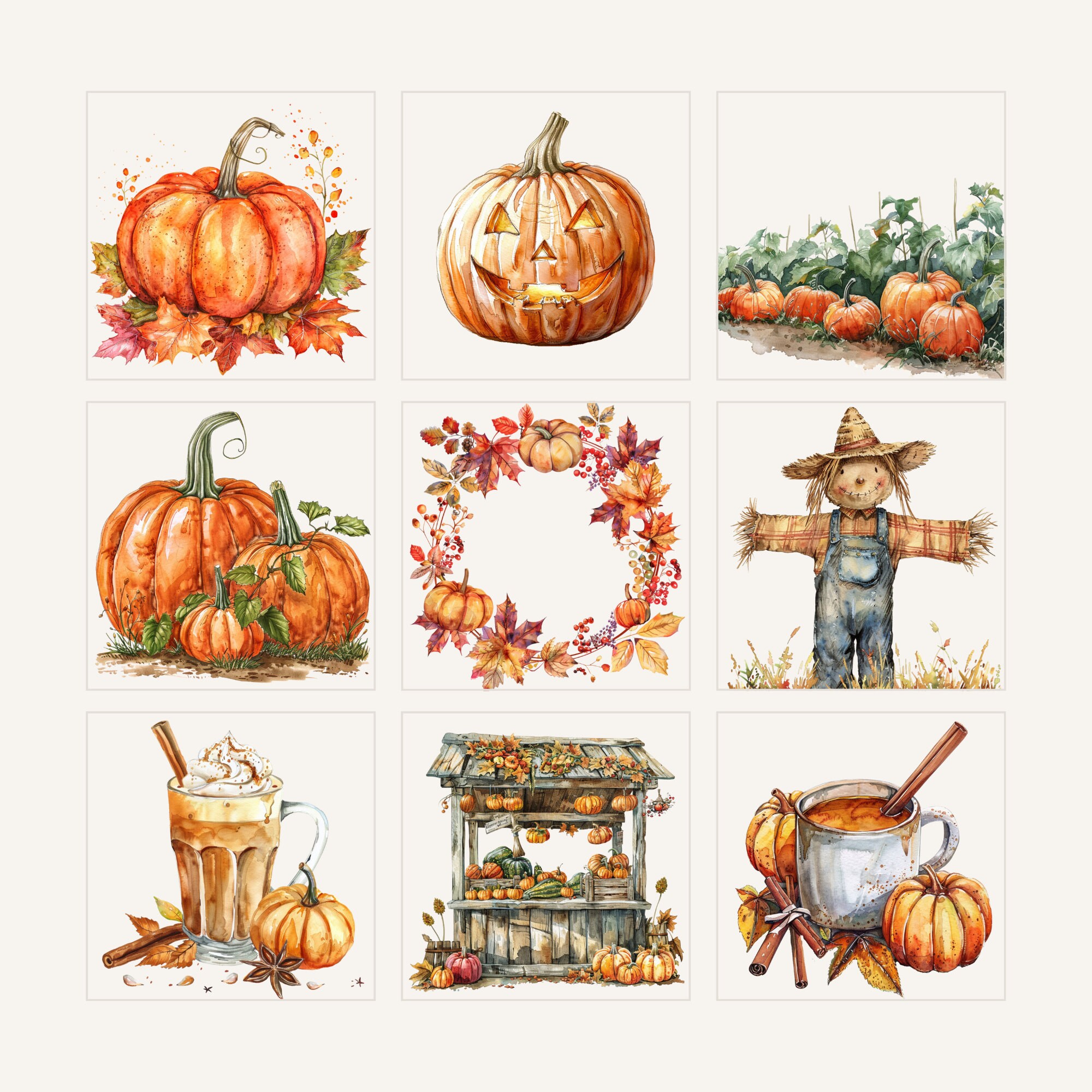 Pumpkin Patch Clipart, Watercolor Style, Transparent Commercial Use PNG ...