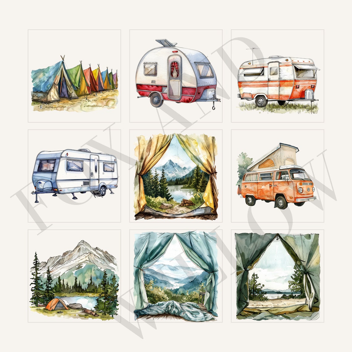 Camping Clipart, Watercolor Clip Art, Transparent Commercial Use PNG ...