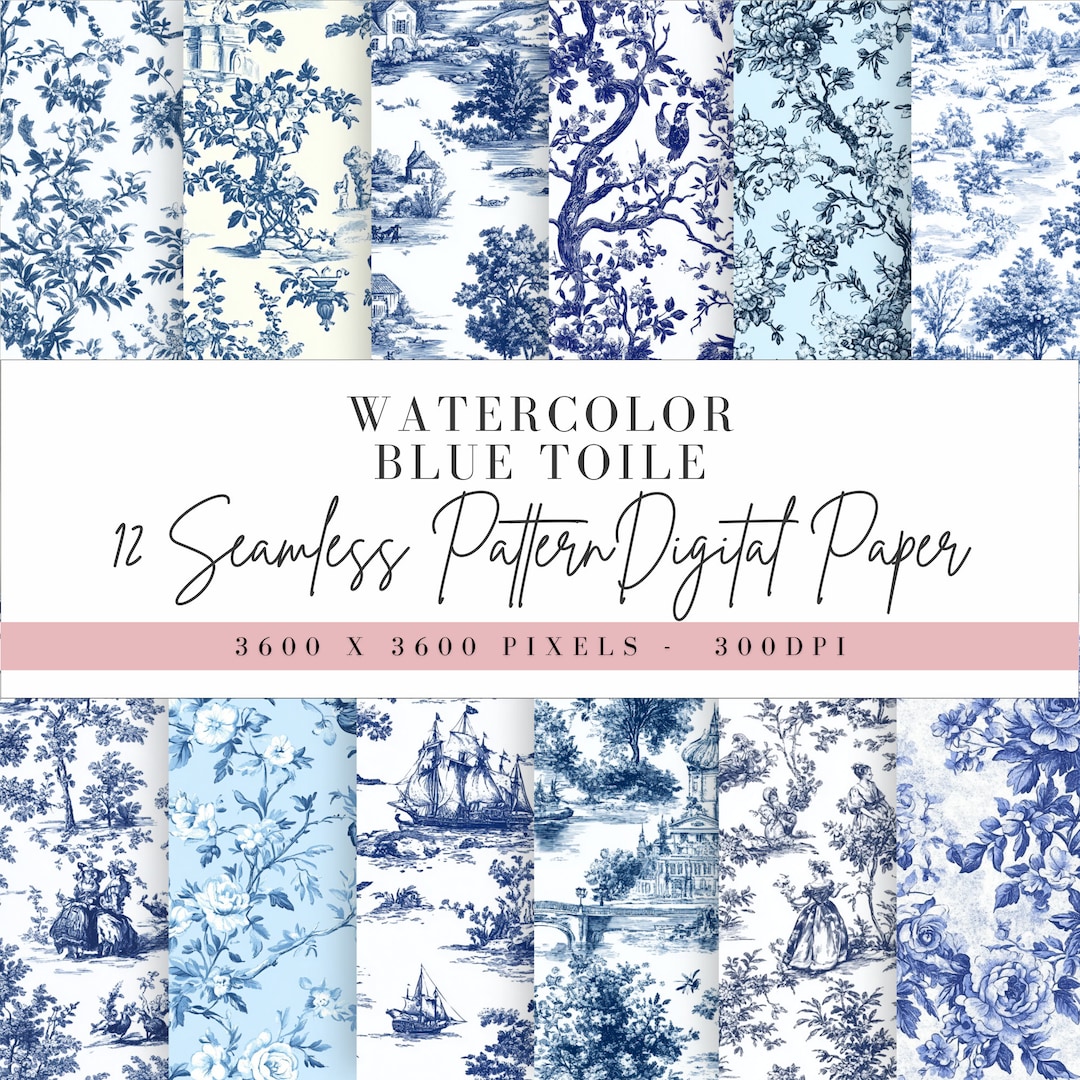 Blue Toile Digital Paper, Watercolor Style, Commercial Use PNG, French ...