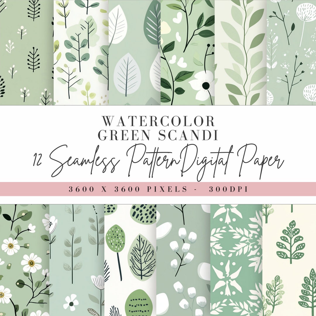 Green Scandi Digital Paper, Watercolor Style, Commercial Use PNG ...