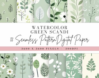 Green Scandi Digital Paper, Watercolor Style, Commercial Use PNG ...