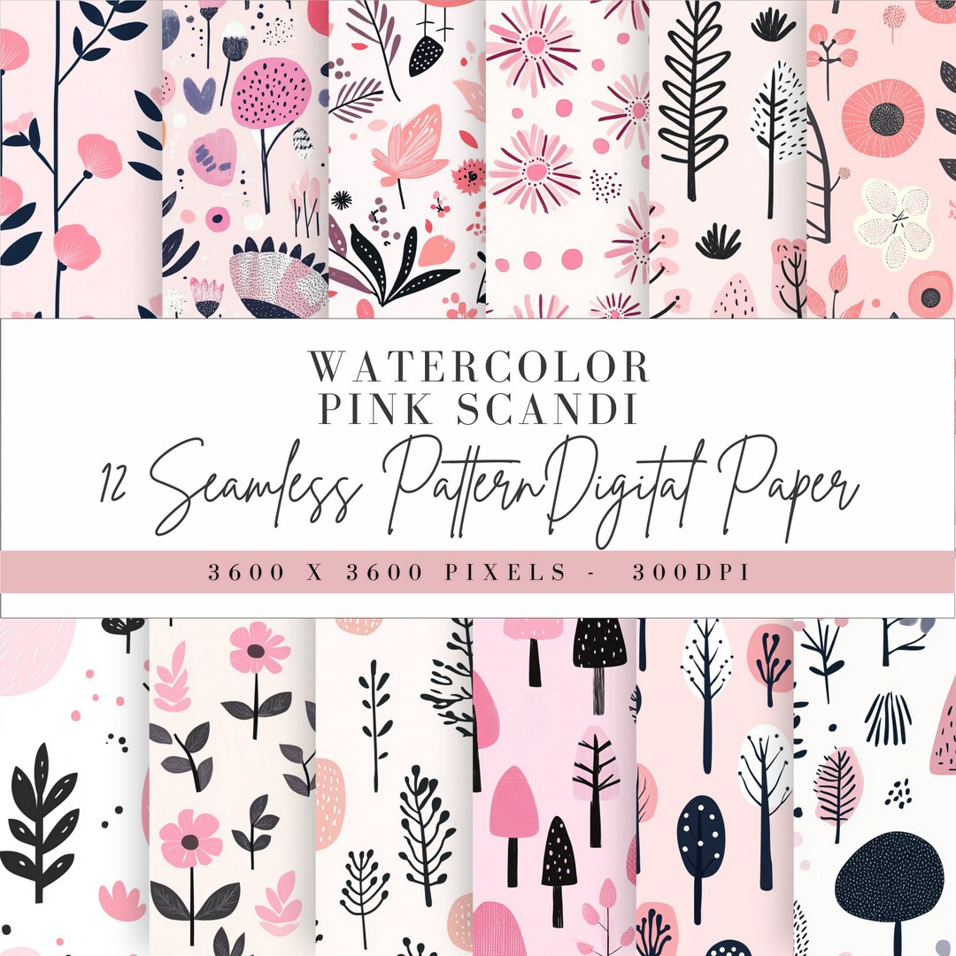 Pink Scandi Digital Paper, Watercolor Style, Commercial Use PNG, Skandi ...