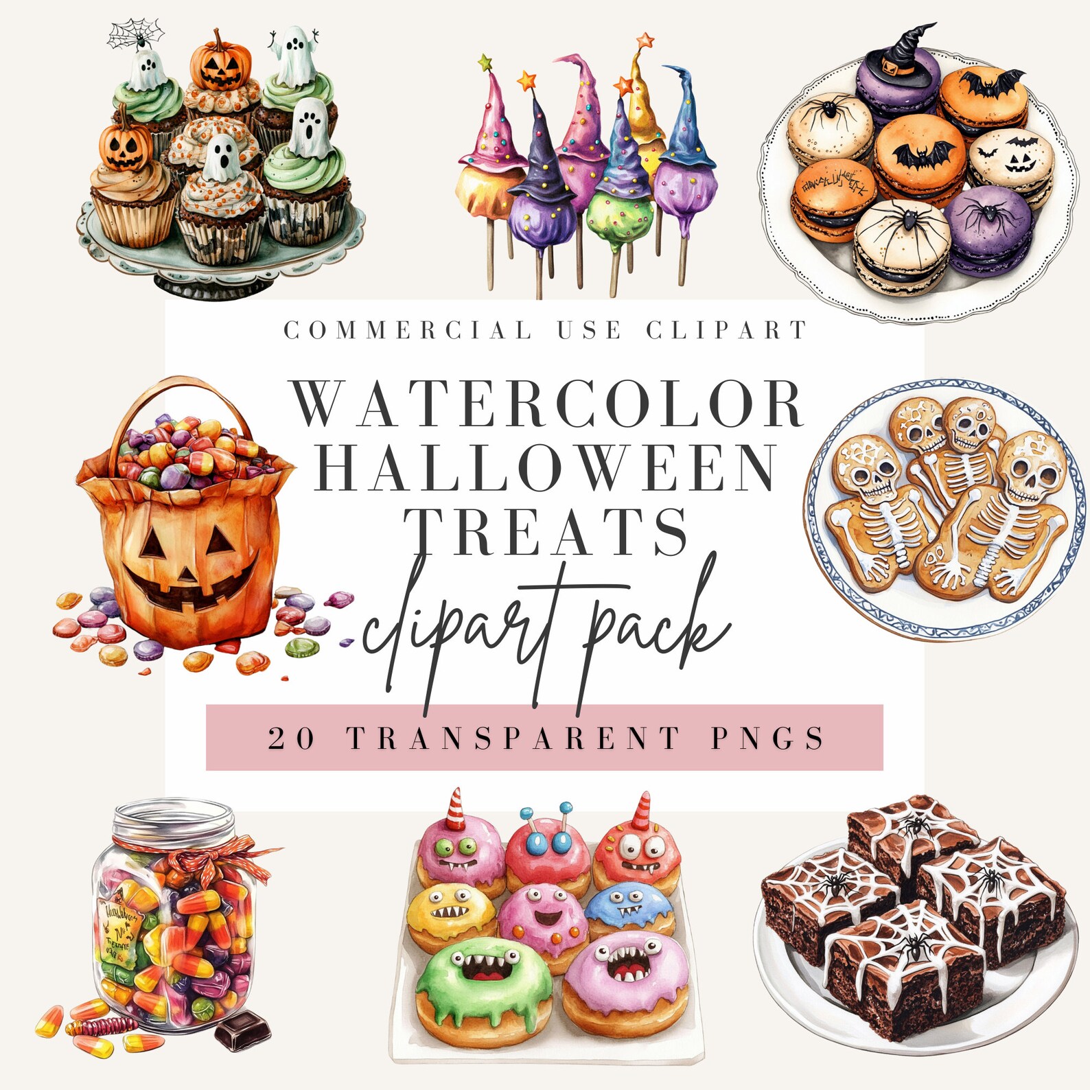 Halloween Treats Clipart, Watercolor Style, Transparent Background ...