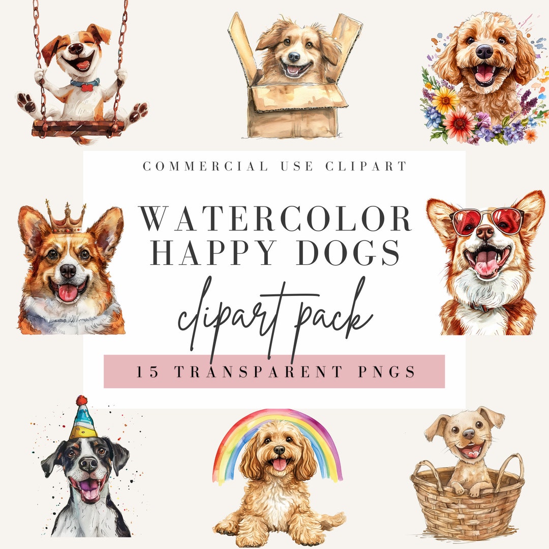 Happy Dog Clipart, Watercolor Style, Transparent Background, Commercial ...