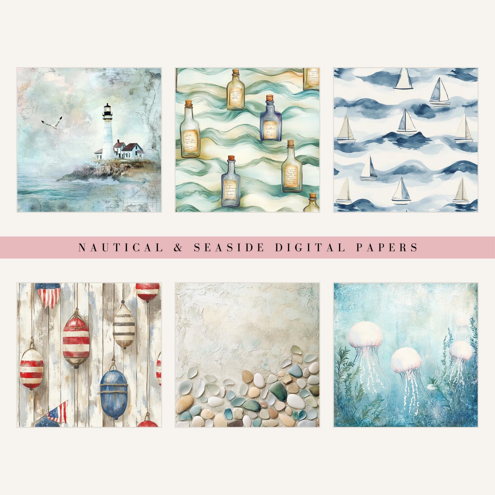 Nautical & Seaside Digital Papers, Ocean Waves Scrapbook Paper, Junk ...