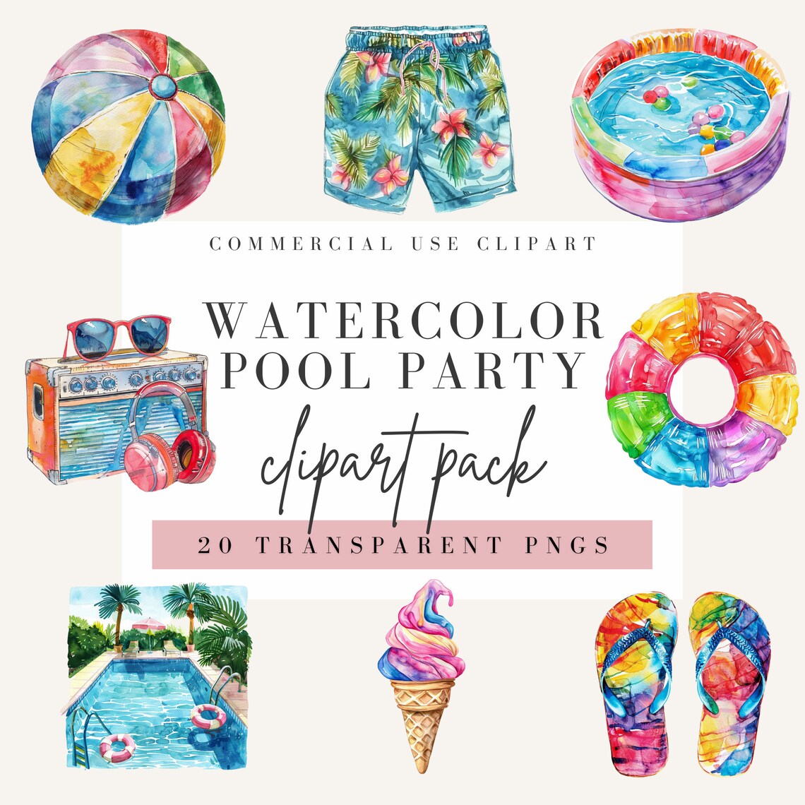 Pool Party Clipart, Watercolor Style, Transparent Background ...