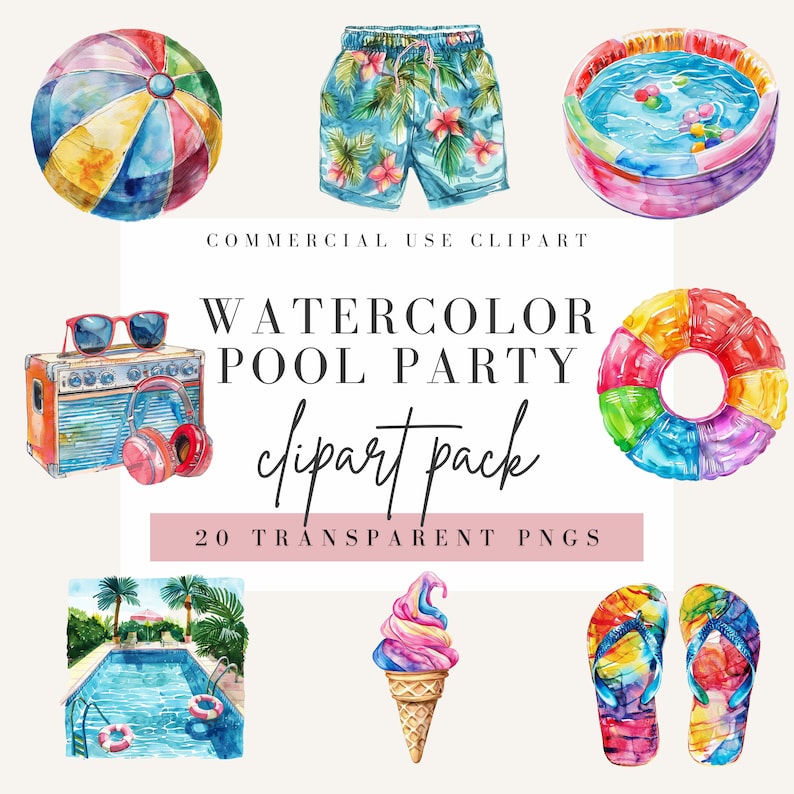 Pool Party Clipart, Watercolor Style, Transparent Background ...