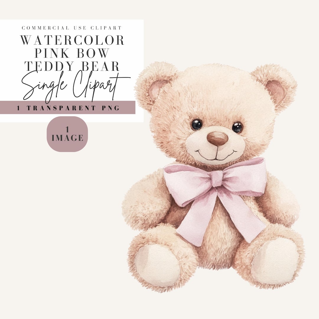 Pink Bow Teddy Bear Clipart, Watercolor Style, Transparent Background ...