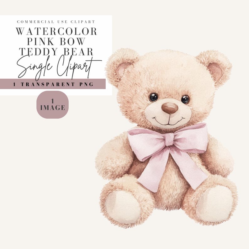 Pink Bow Teddy Bear Clipart, Watercolor Style, Transparent Background ...